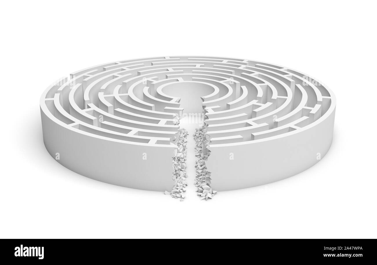 3d rendering of a white round maze with a direct route cut right to the ...