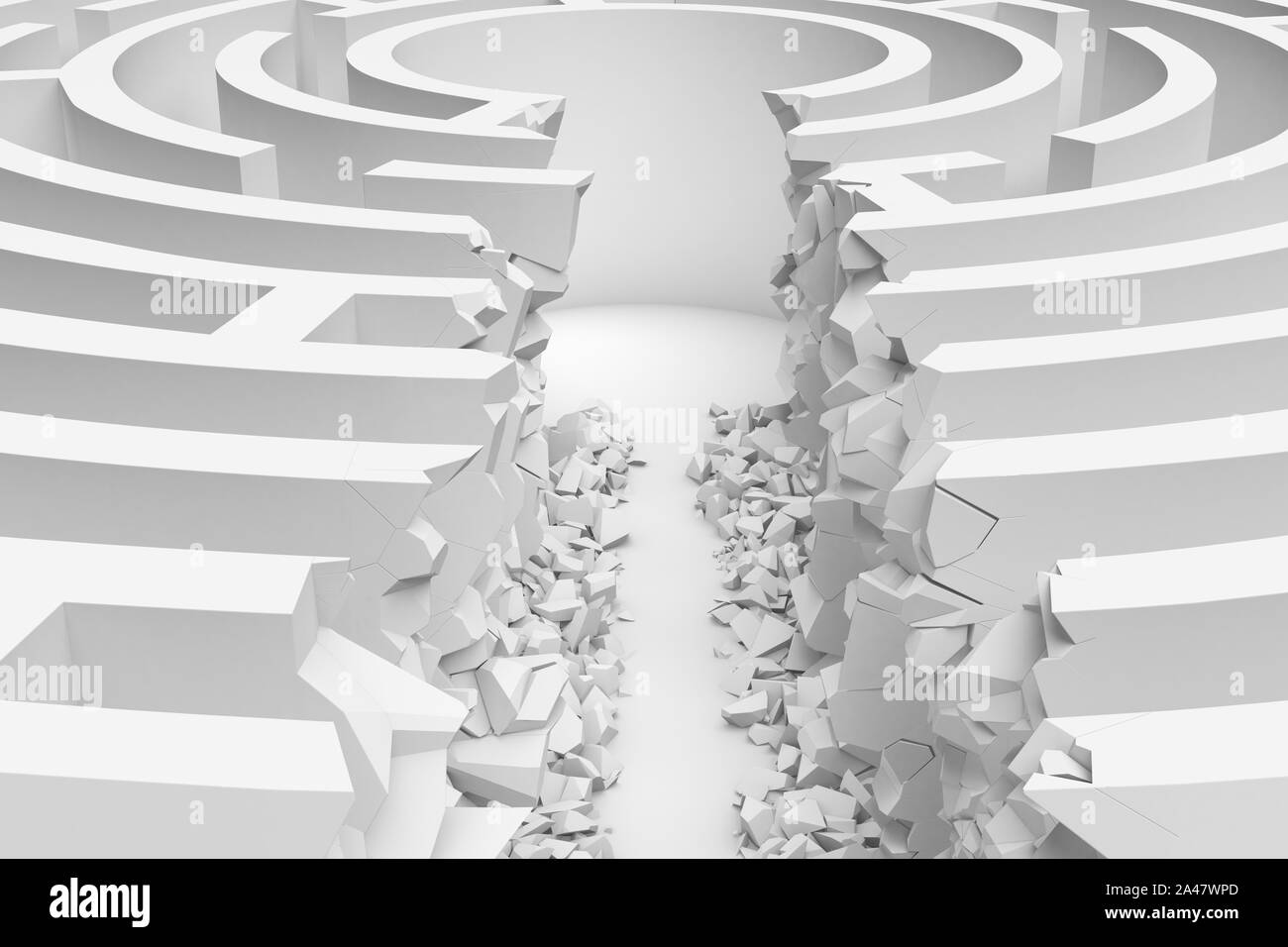 3d rendering of a white round maze with a direct route cut right to the ...