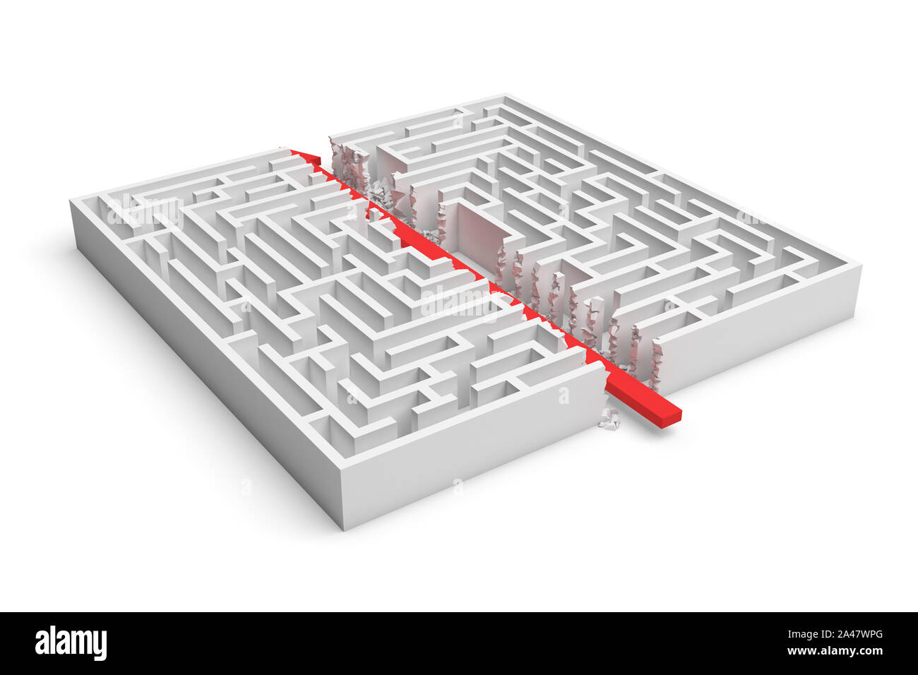 3d rendering of a white square maze in side view divided in half by a ...