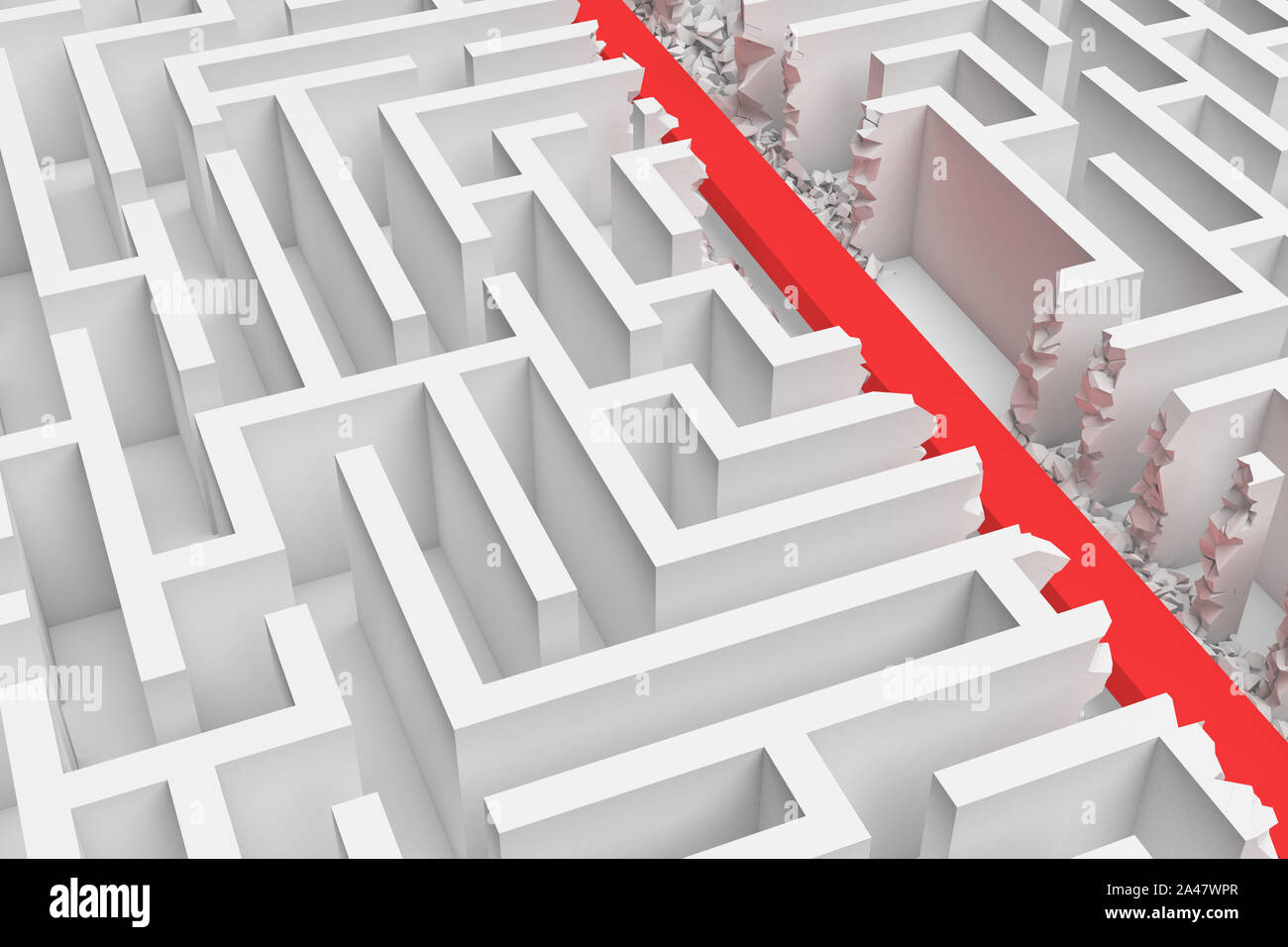 3d rendering of a white square maze in side view divided in half by a ...