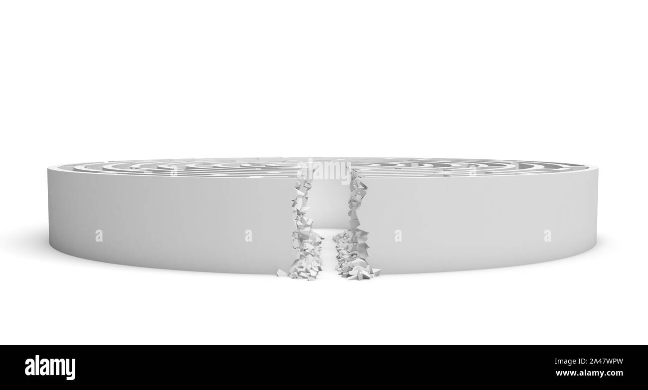 3d rendering of a white round maze with a direct route cut right to the ...