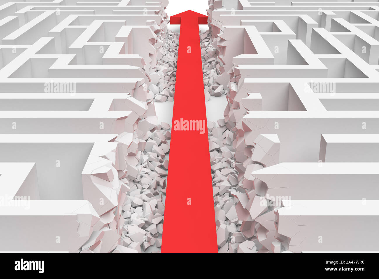 3d rendering of a white square maze in side view divided in half by a ...