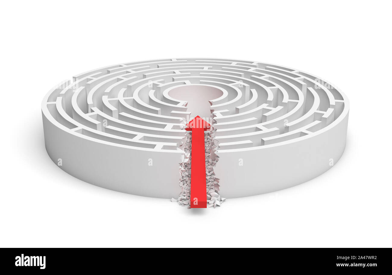 3d rendering of a round maze with a red arrow borrowing to the center ...