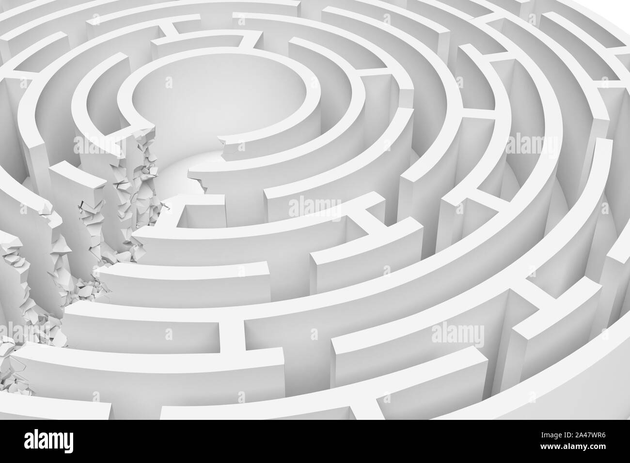 3d rendering of a white round maze with a direct route cut right to the ...