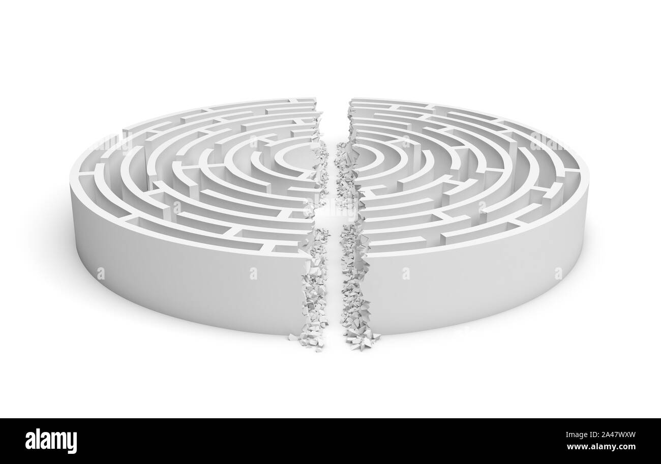 3d rendering of a white round maze with its walls broken by a straight ...
