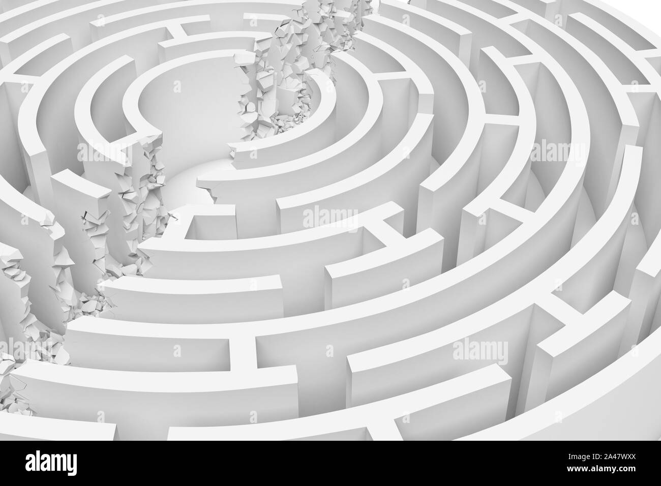 3d rendering of a white round maze with its walls broken by a straight ...