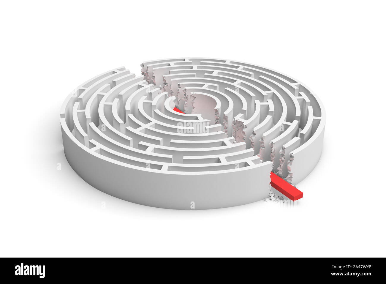 3d rendering of a white round maze in side view divided in half by a ...