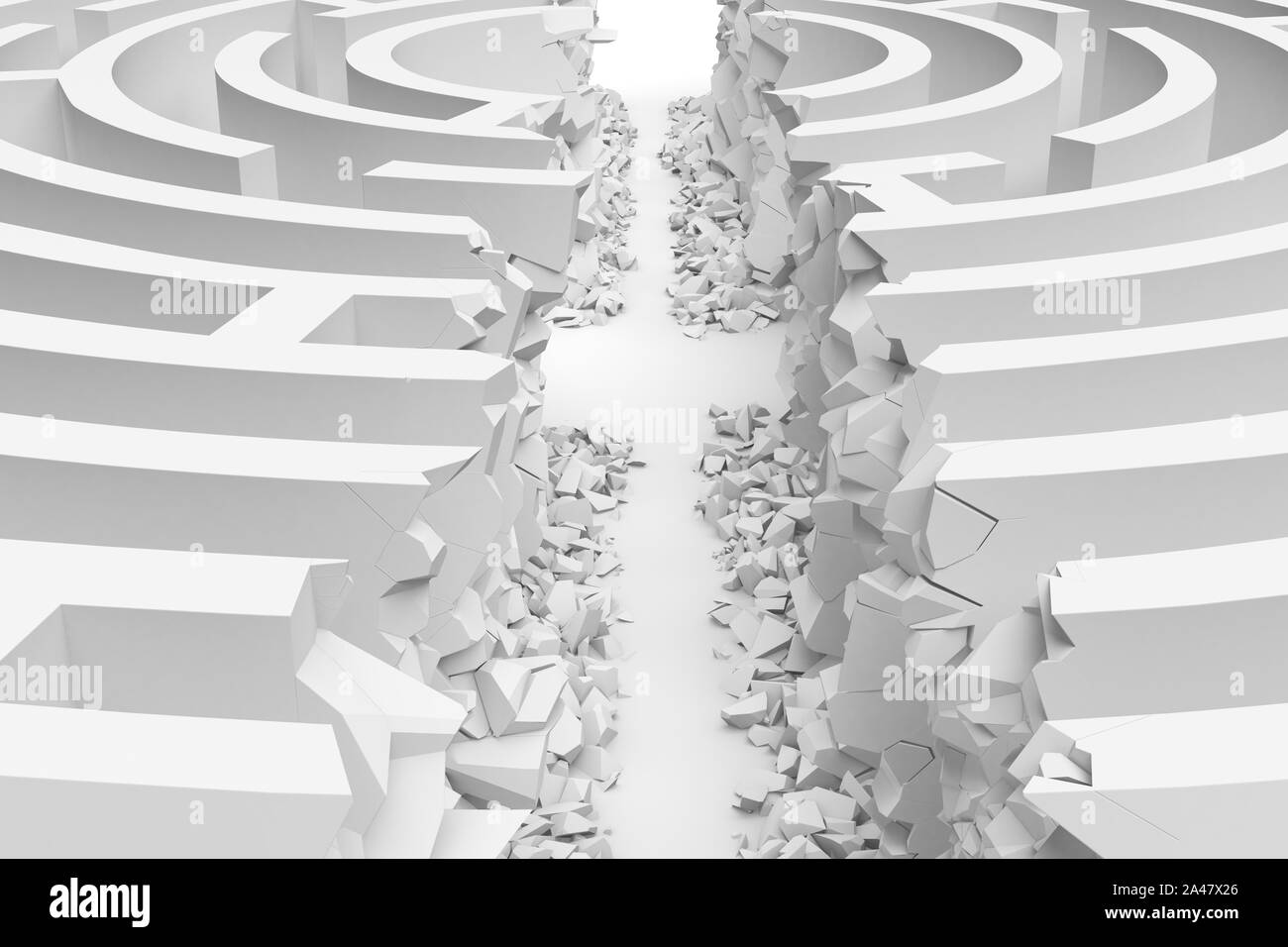 3d rendering of a white round maze with its walls broken by a straight ...