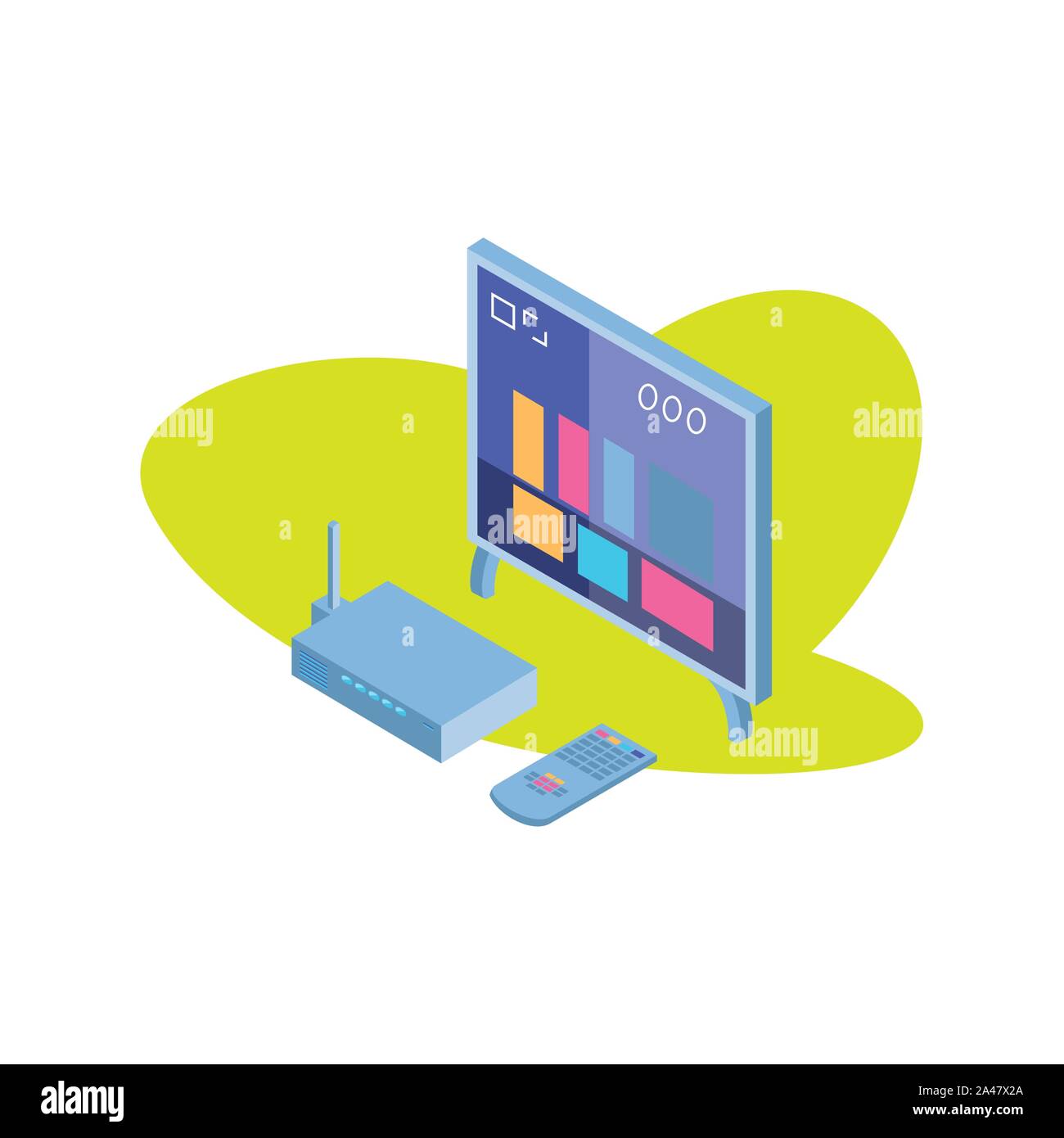 tv screen with remote control and wireless router vector illustration ...