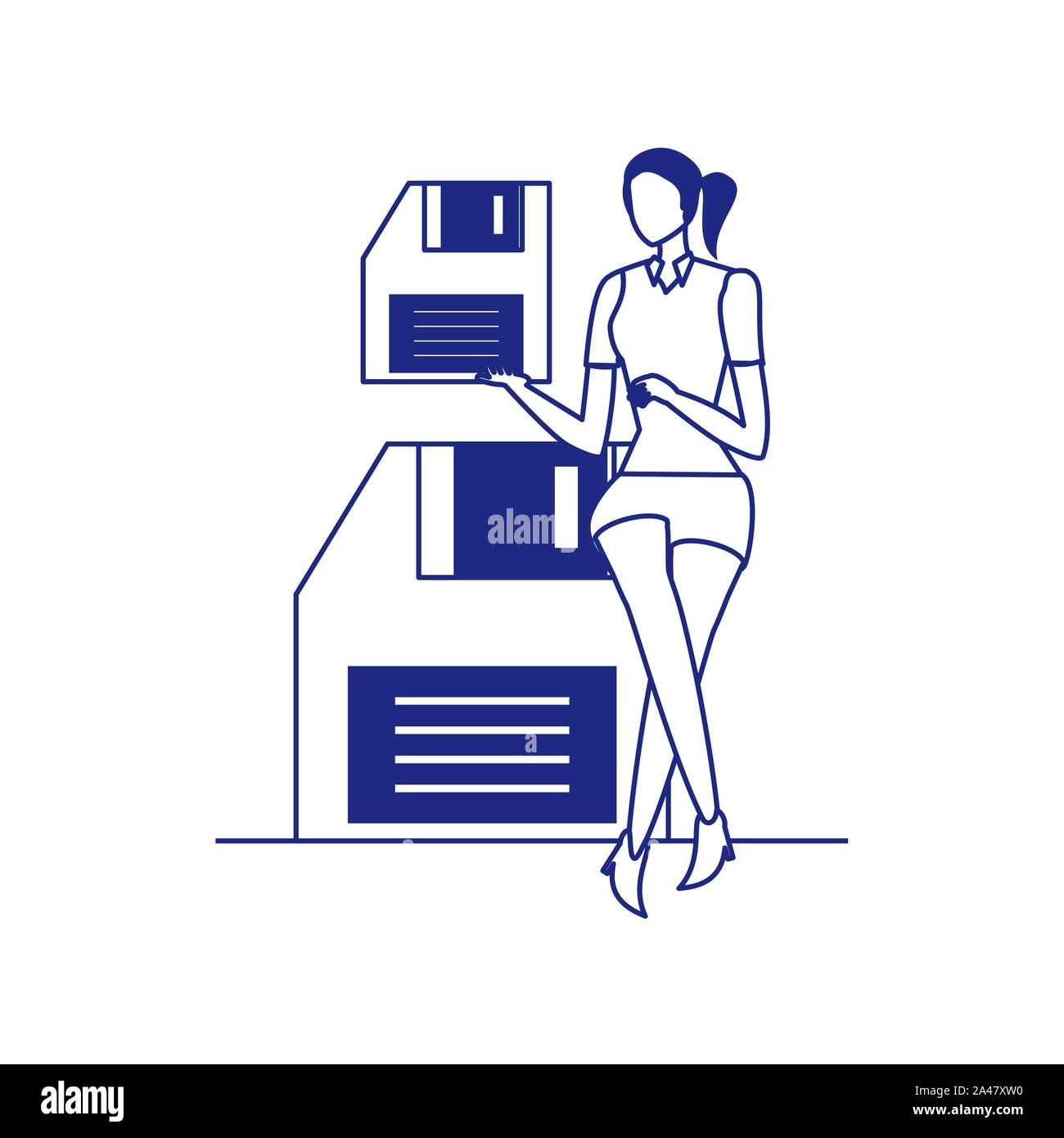 silhouette of woman with floppy disk in white background vector ...