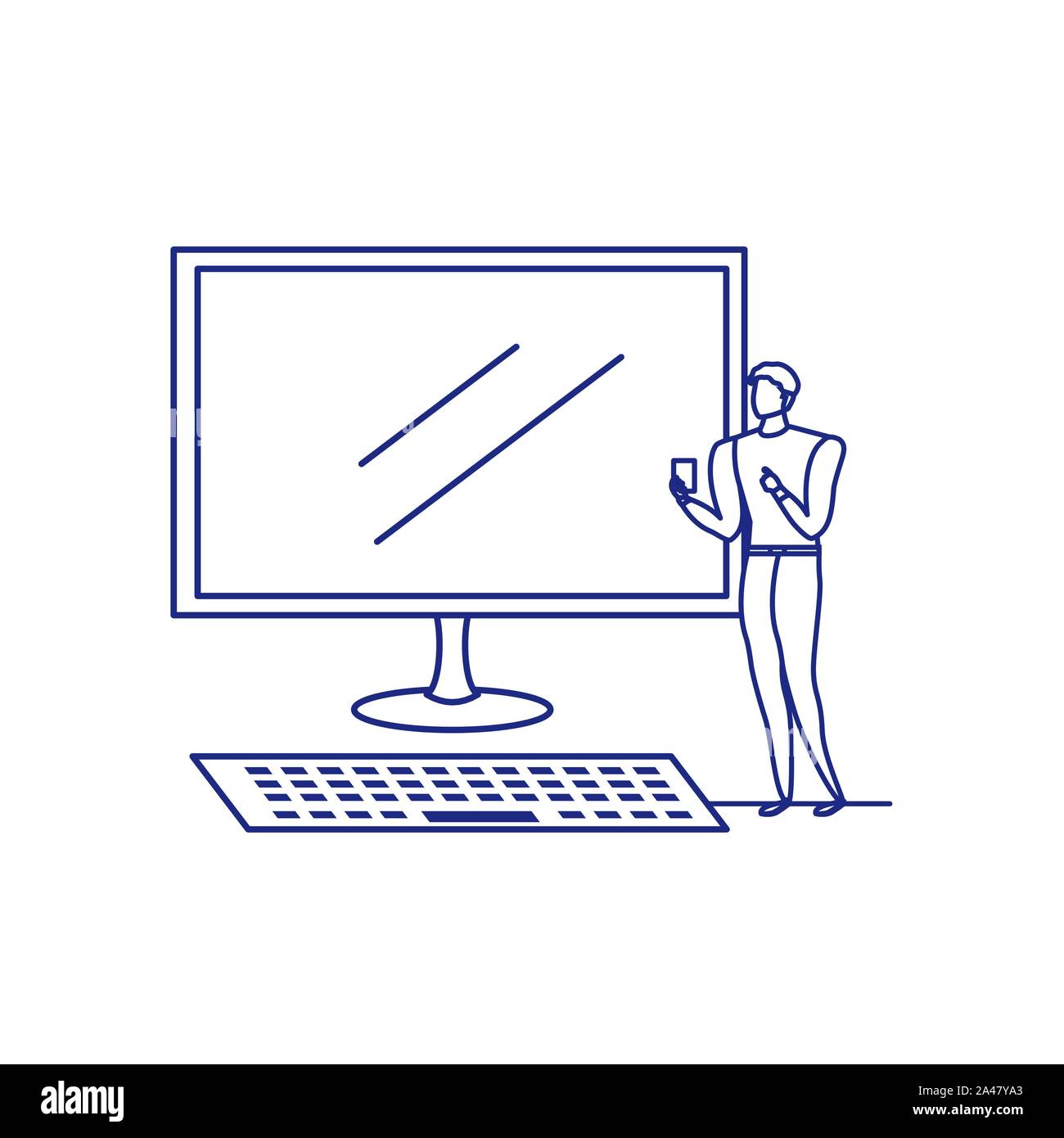 silhouette of man with computer screen in white background vector ...