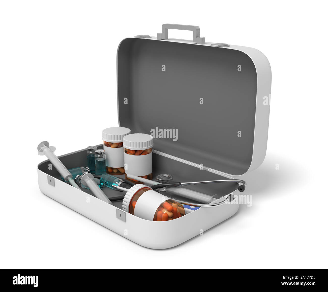 3d rendering of opened first aid medical box with pills jars and ...