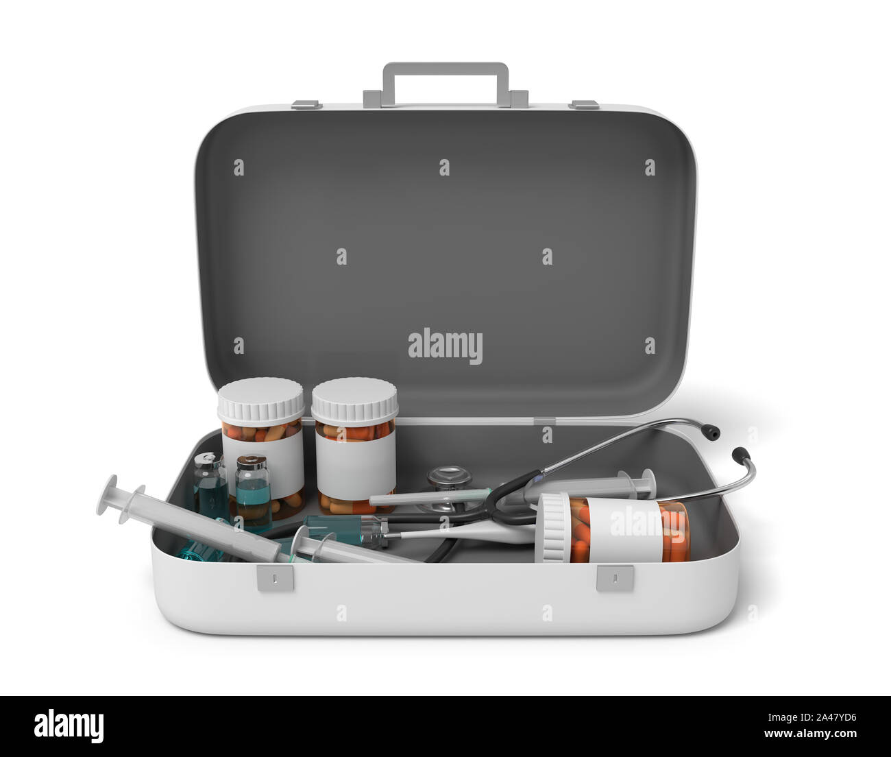 3d rendering of opened first aid medical box with pills jars and ...