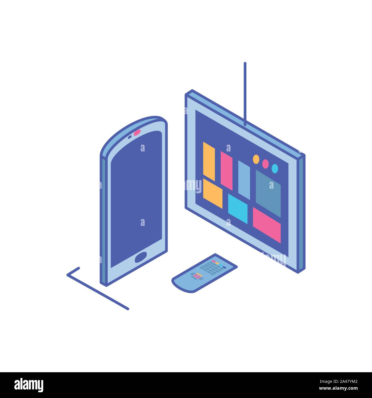 tv screen with remote control and smartphone vector illustration design ...