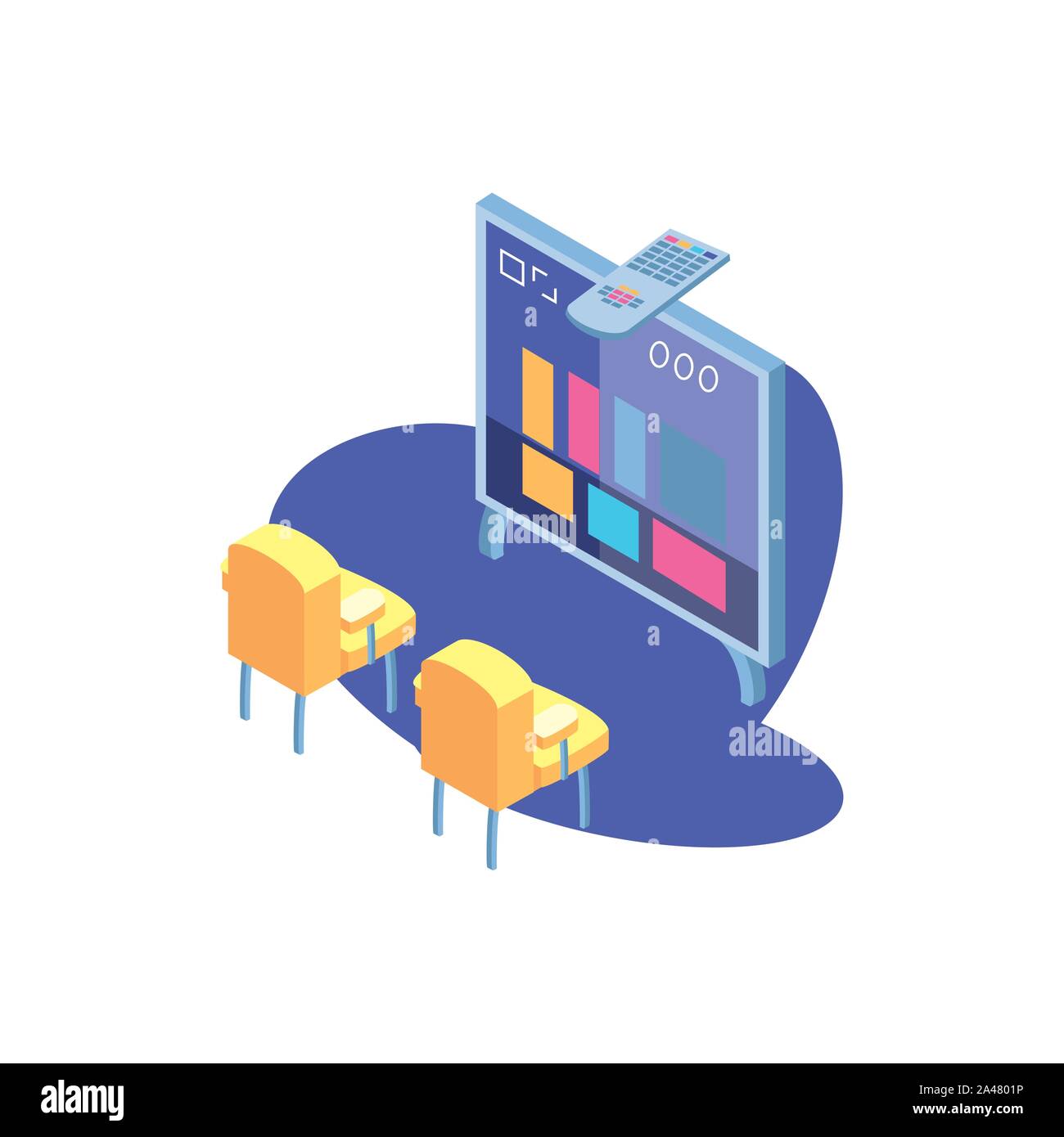 tv screen and remote control with sofa in front vector illustration ...