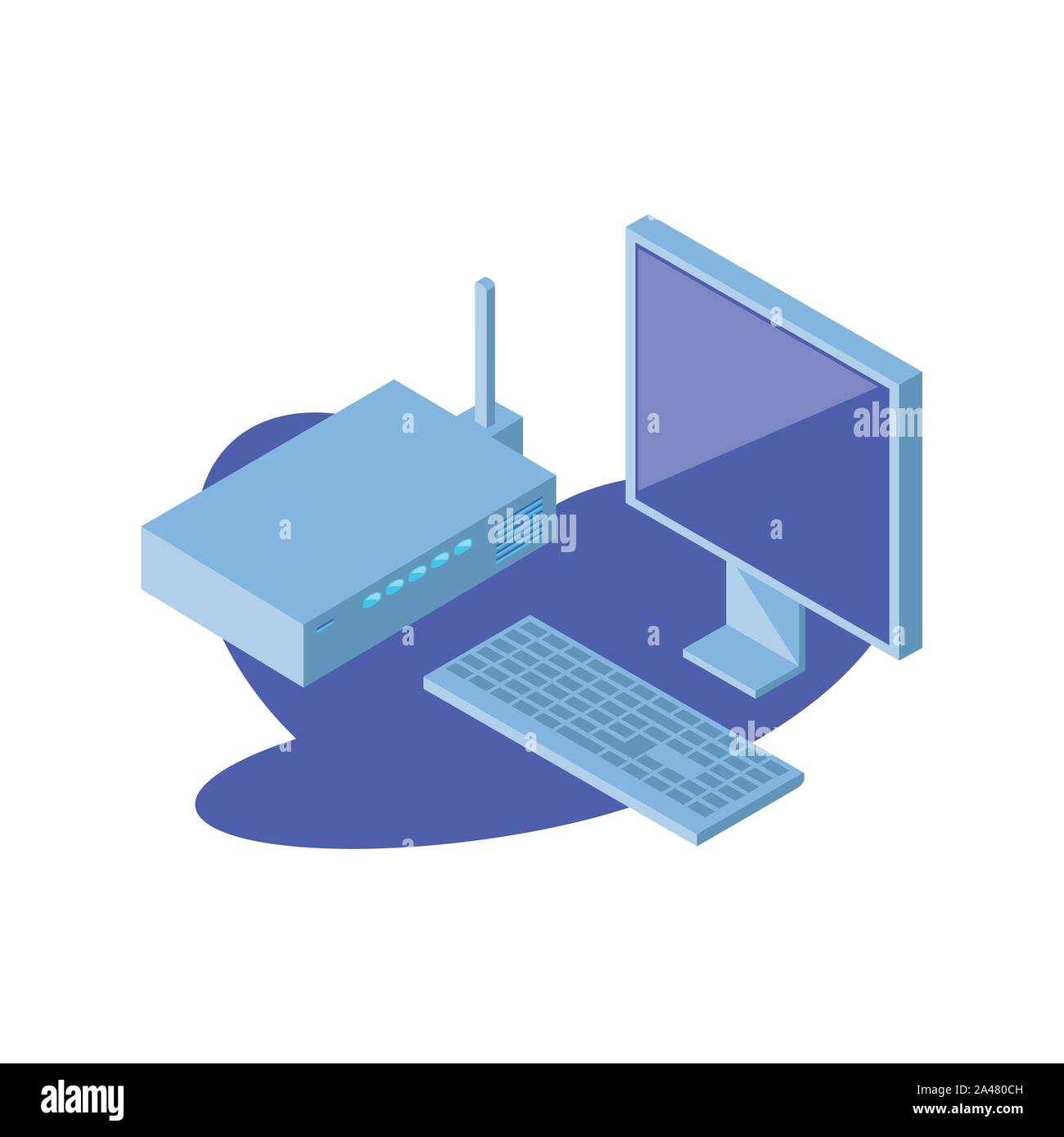 desktop computer screen with keyboard and wireless router vector ...