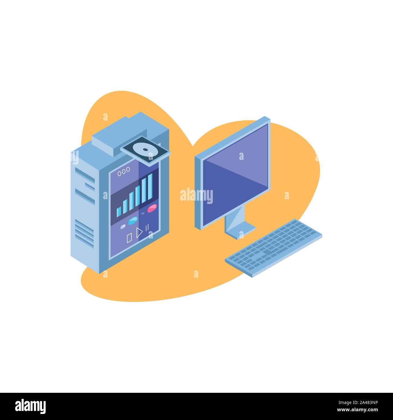 desktop computer screen with keyboard and server equipment vector ...