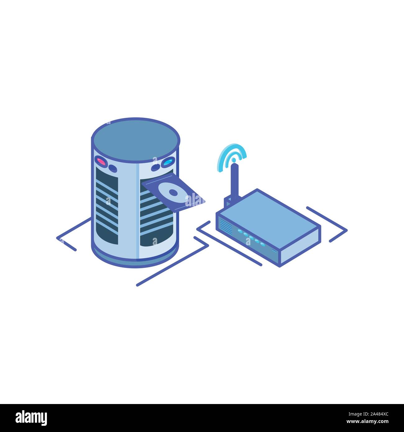 server equipment with wireless router on white background vector ...