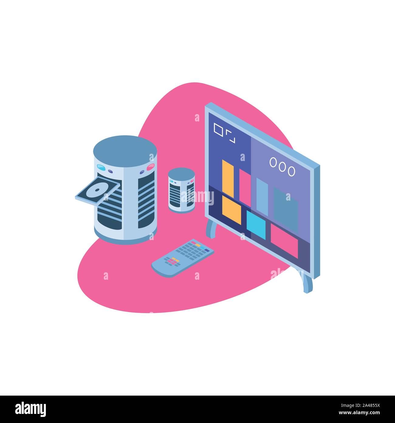 tv screen with remote control and server equipment vector illustration ...