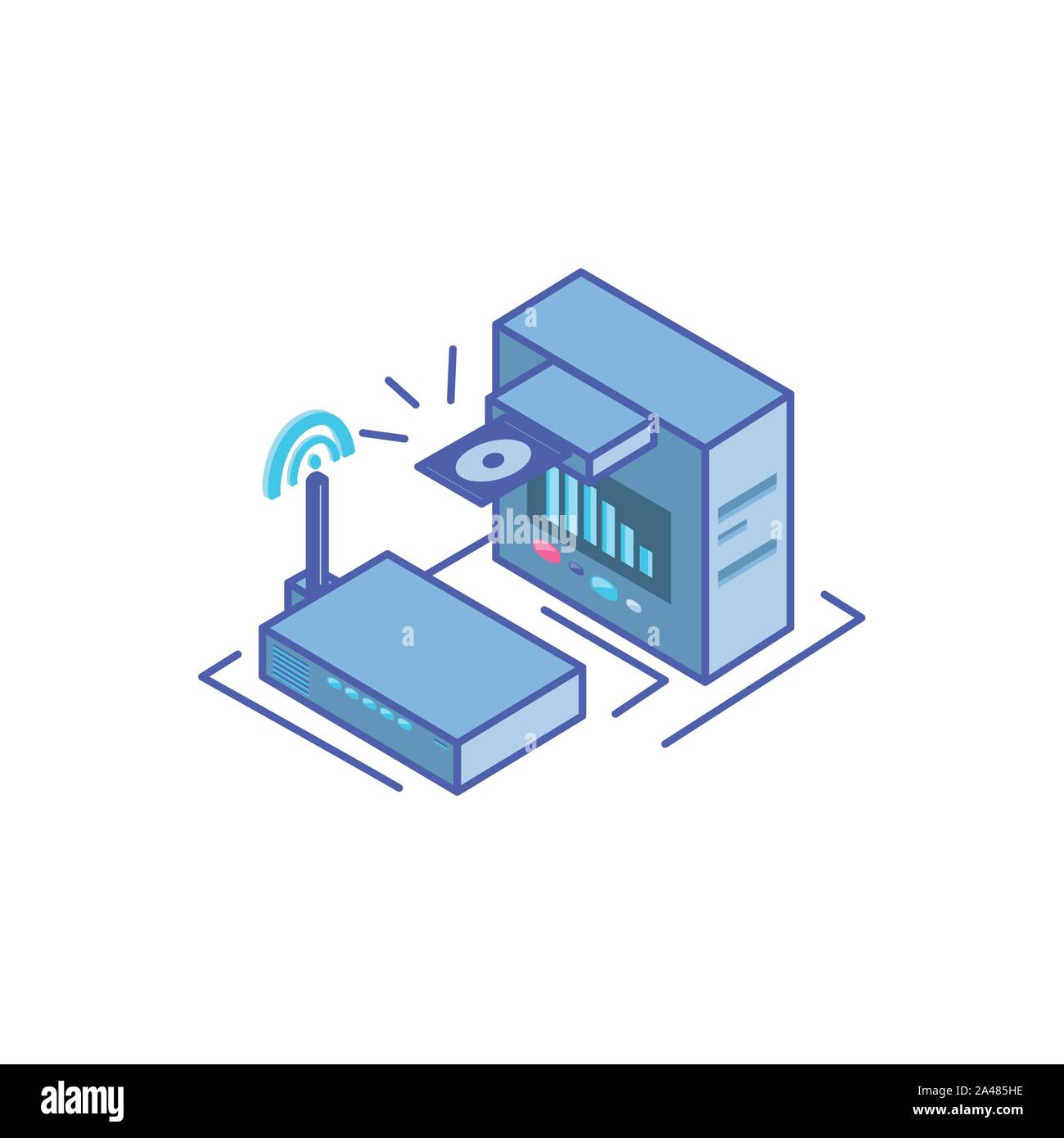 server equipment with wireless router on white background vector ...