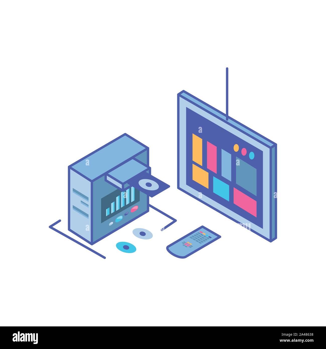 tv screen with remote control and server equipment vector illustration ...