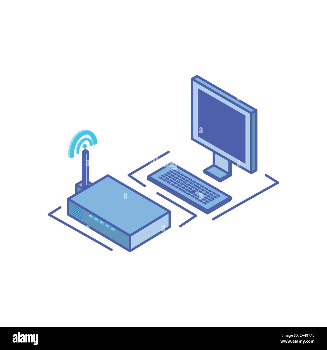 desktop computer screen with keyboard and wireless router vector ...