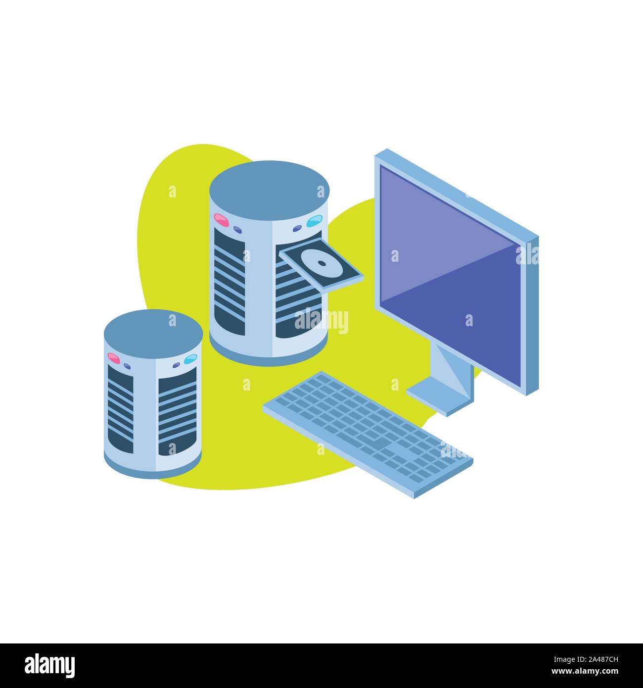 desktop computer screen with keyboard and server equipment vector ...