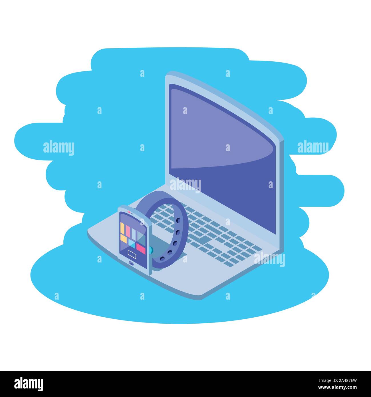 open laptop with smart watch on blue background vector illustration ...