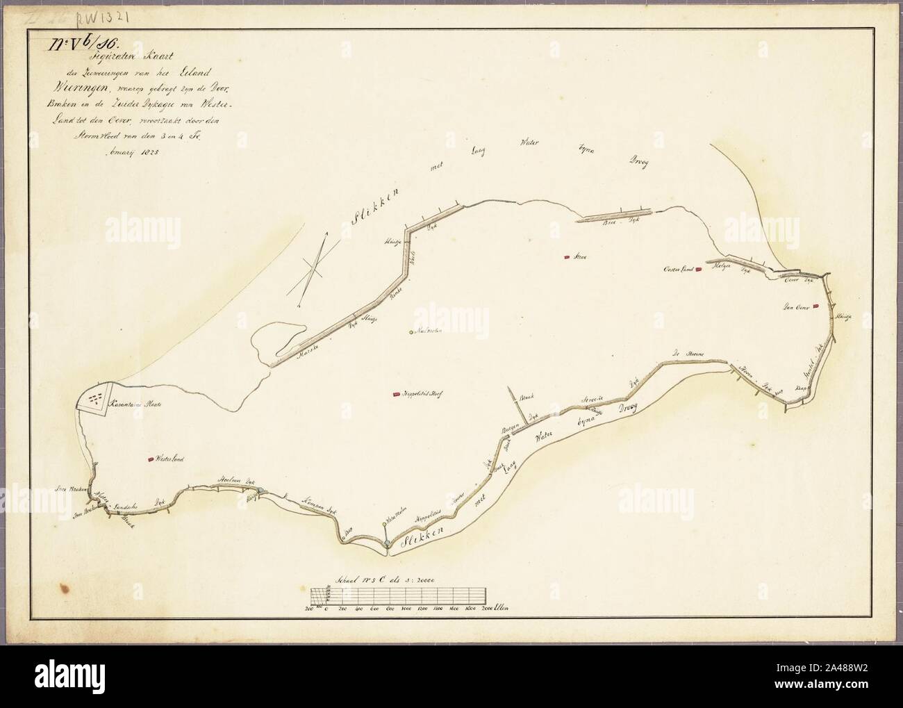 Figuratieve kaart der zeeweringen van het eiland Wieringen Waarop ...