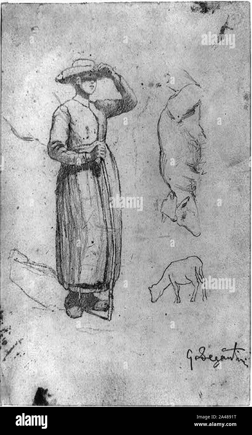 Figure of a woman, and sketches of two cows or sheep) - G. Segantini ...