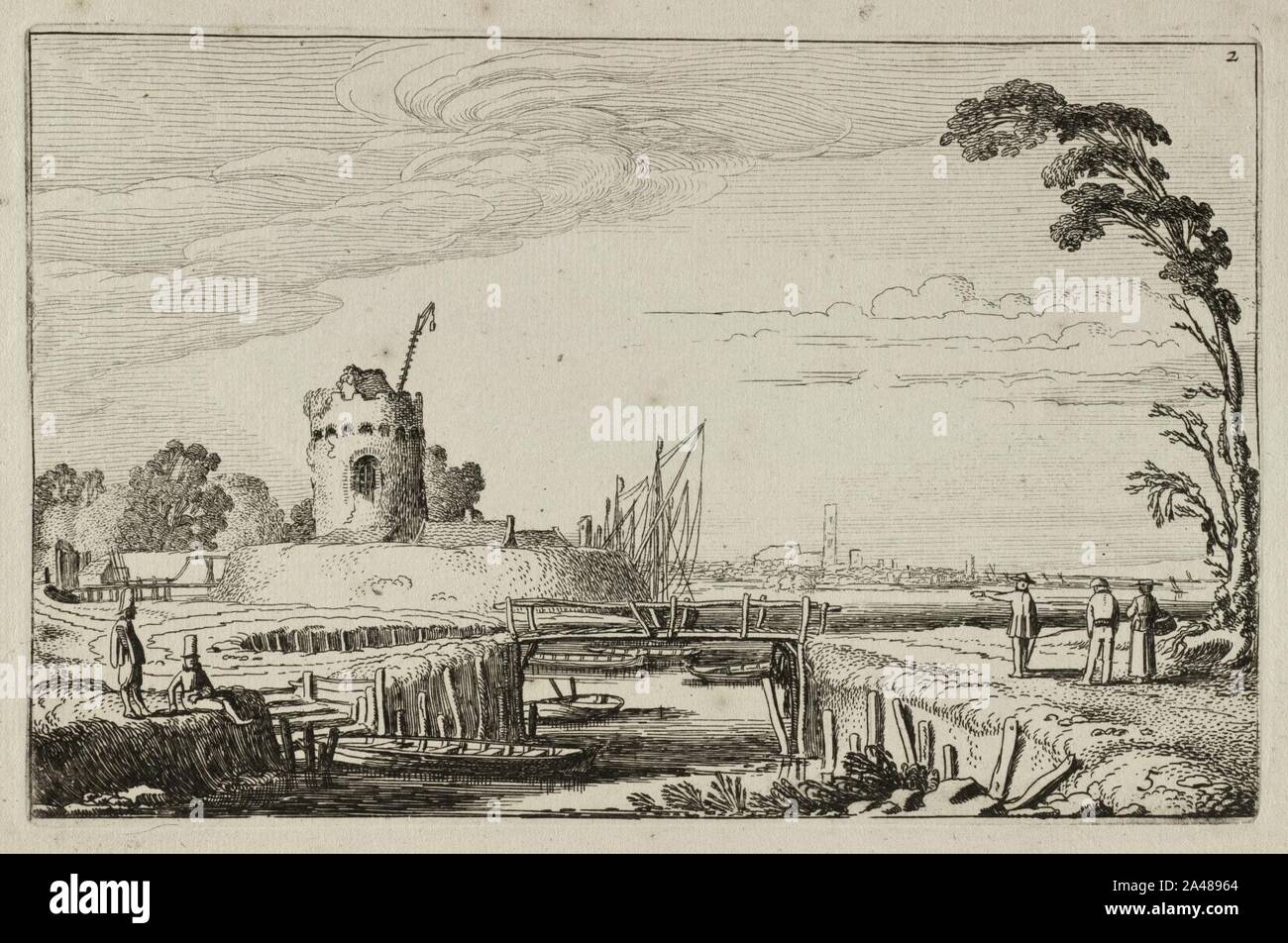 Figuren bij een haven en een toren Stock Photo - Alamy