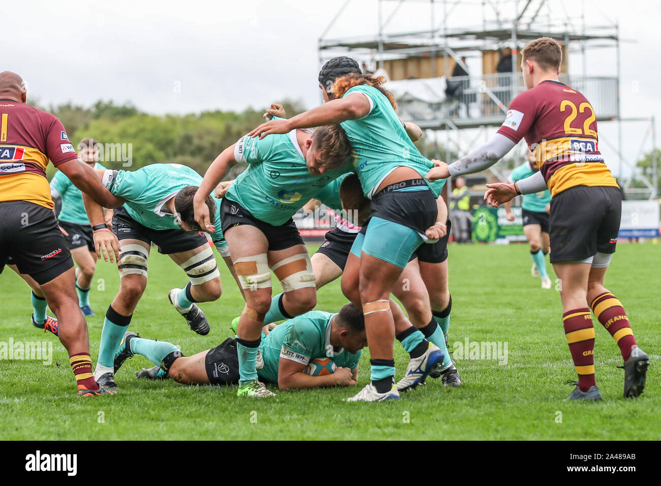 Ampthill UK. 05th Oct 2019. Luke Cole of Nottingham Rugby scores a try during the Greene King IPA Championship match between Ampthill RUFC and Nottingham Rugby on Ampthill RugbyOs Championship Debut a...