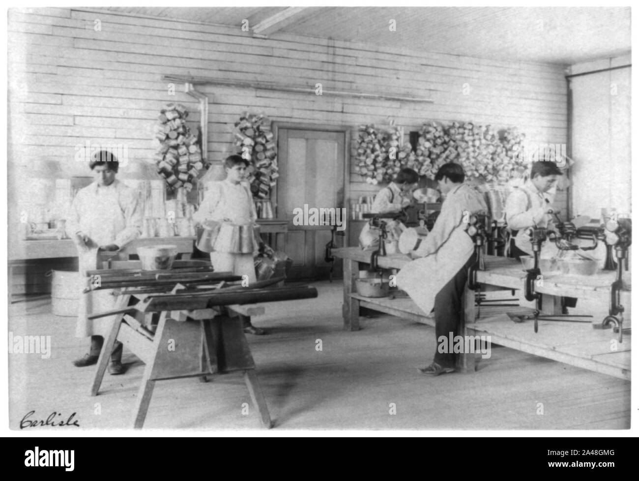 Five boys making tin utensils, Carlisle Indian School, Carlisle, Pa ...