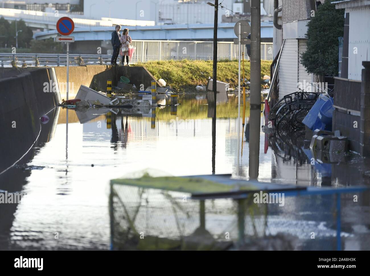 Japan. 13th Oct, 2019. A residential area is seen submerged in Kawasaki ...