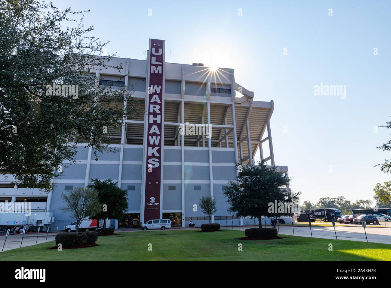 Monroe, LA, USA - October 5, 2019: Sun peaking over the edge of the UL ...