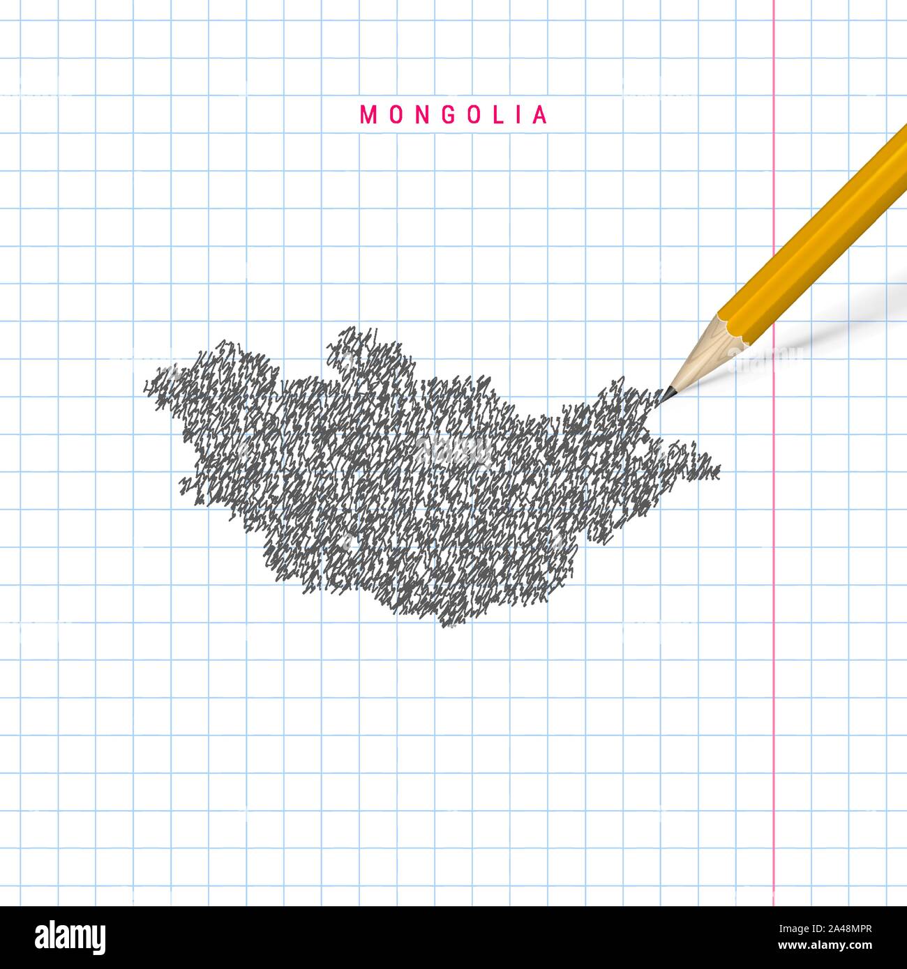 Mongolia sketch scribble map drawn on checkered school notebook paper ...