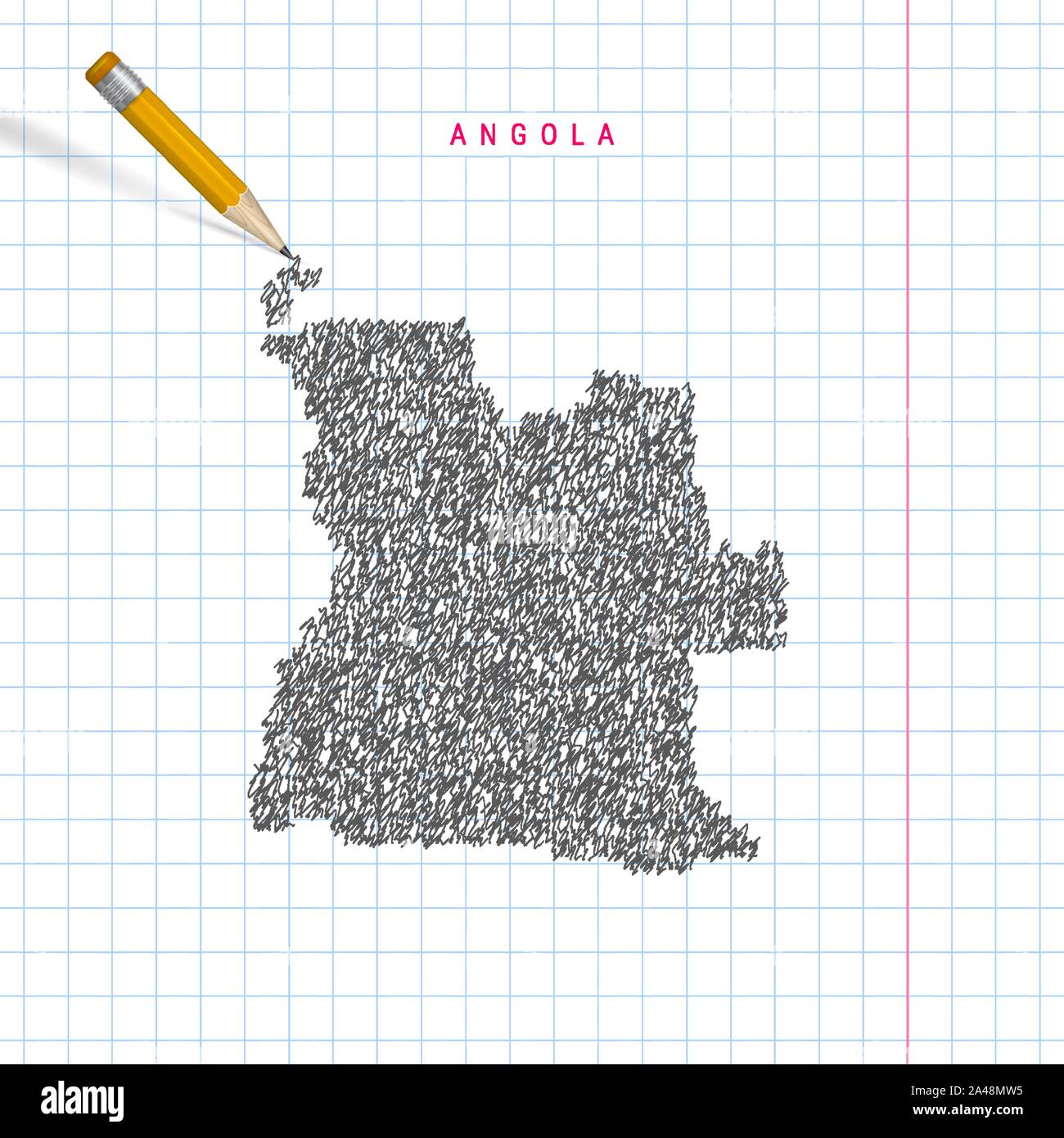 Angola sketch scribble map drawn on checkered school notebook paper background. Hand drawn ...