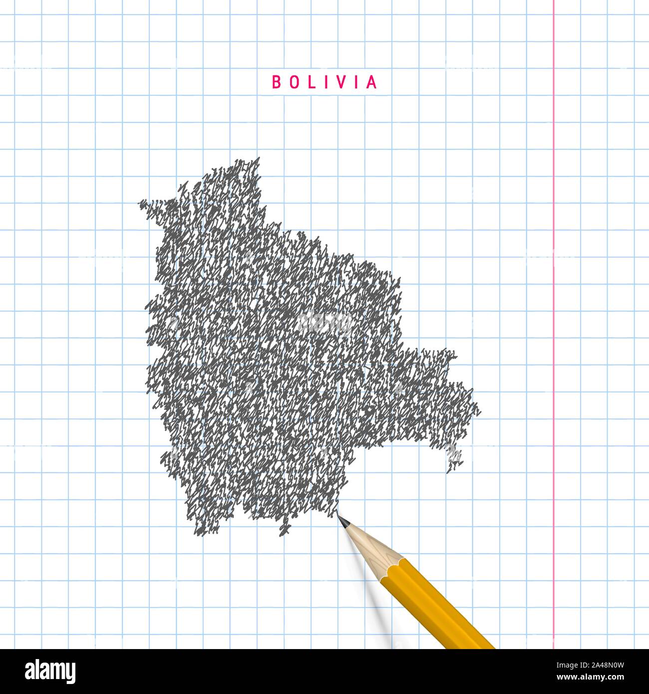 Bolivia sketch scribble map drawn on checkered school notebook paper ...