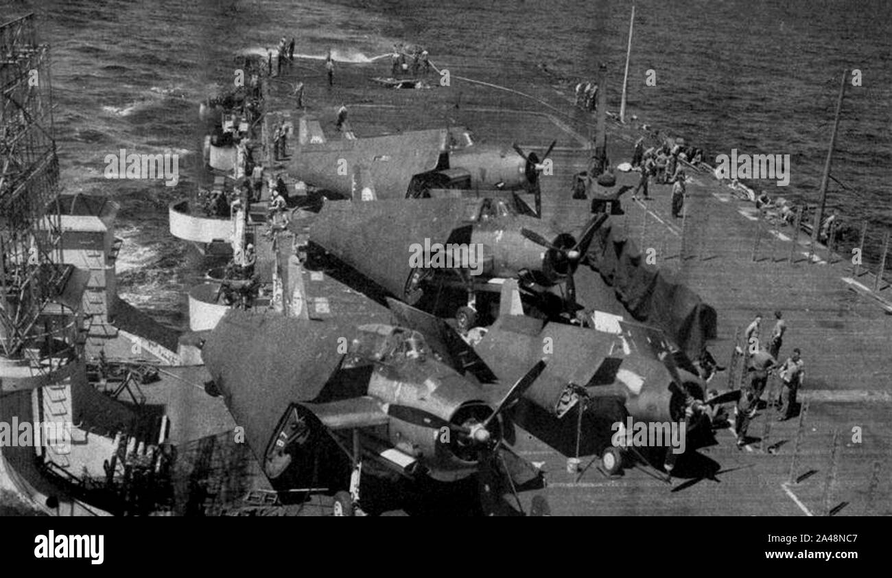 Flight deck of USS Belleau Wood (CVL-24) after she was hit by a ...