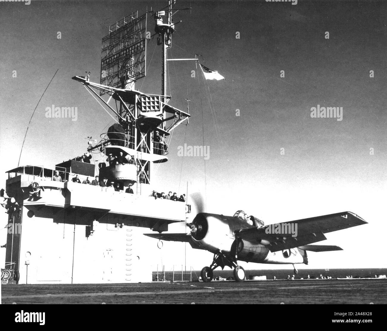FM-1 Wildcat takes off from USS Kasaan Bay (CVE-69) 1944 Stock Photo ...