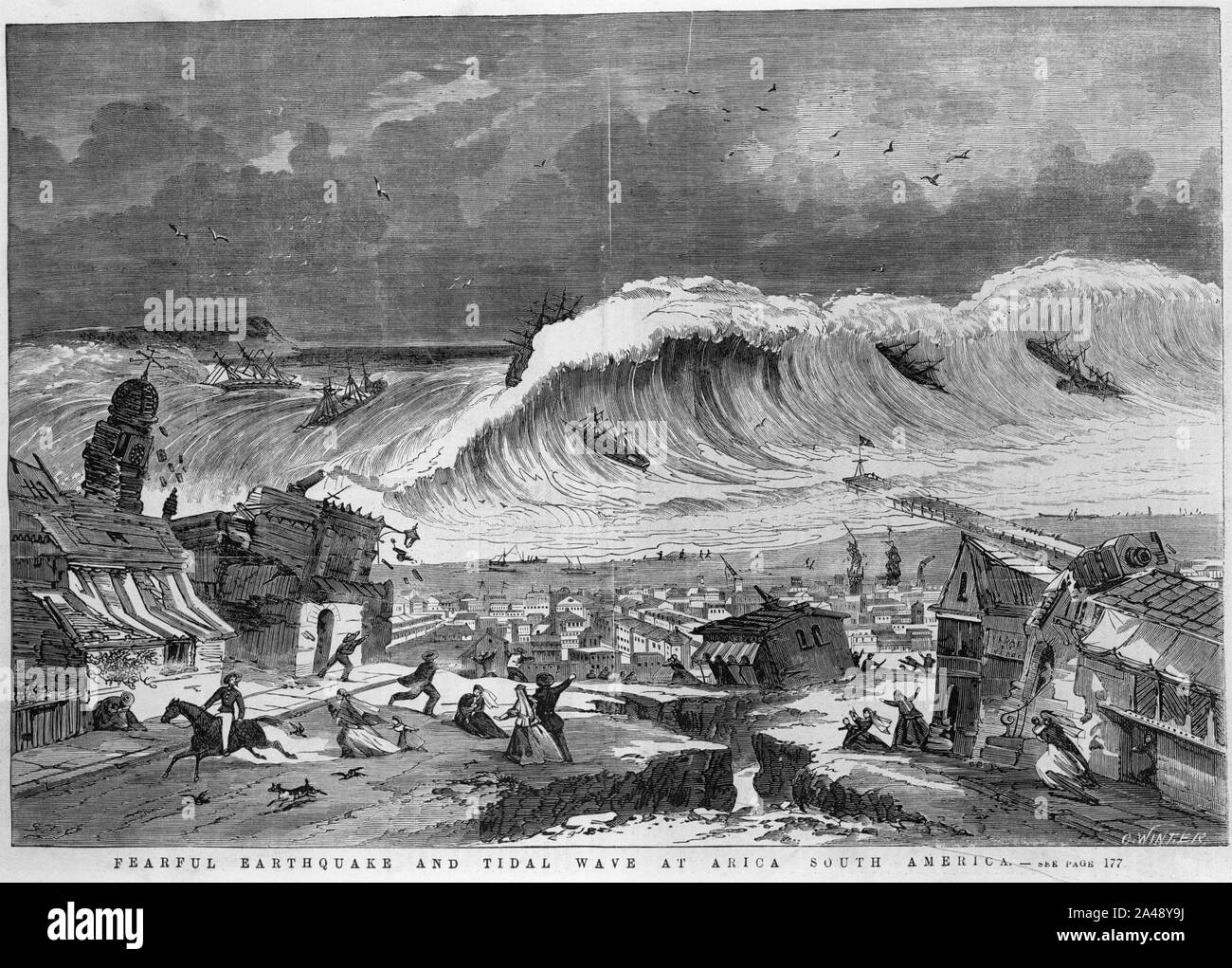 Fearful earthquake and tidal wave at Arica South America Stock Photo ...