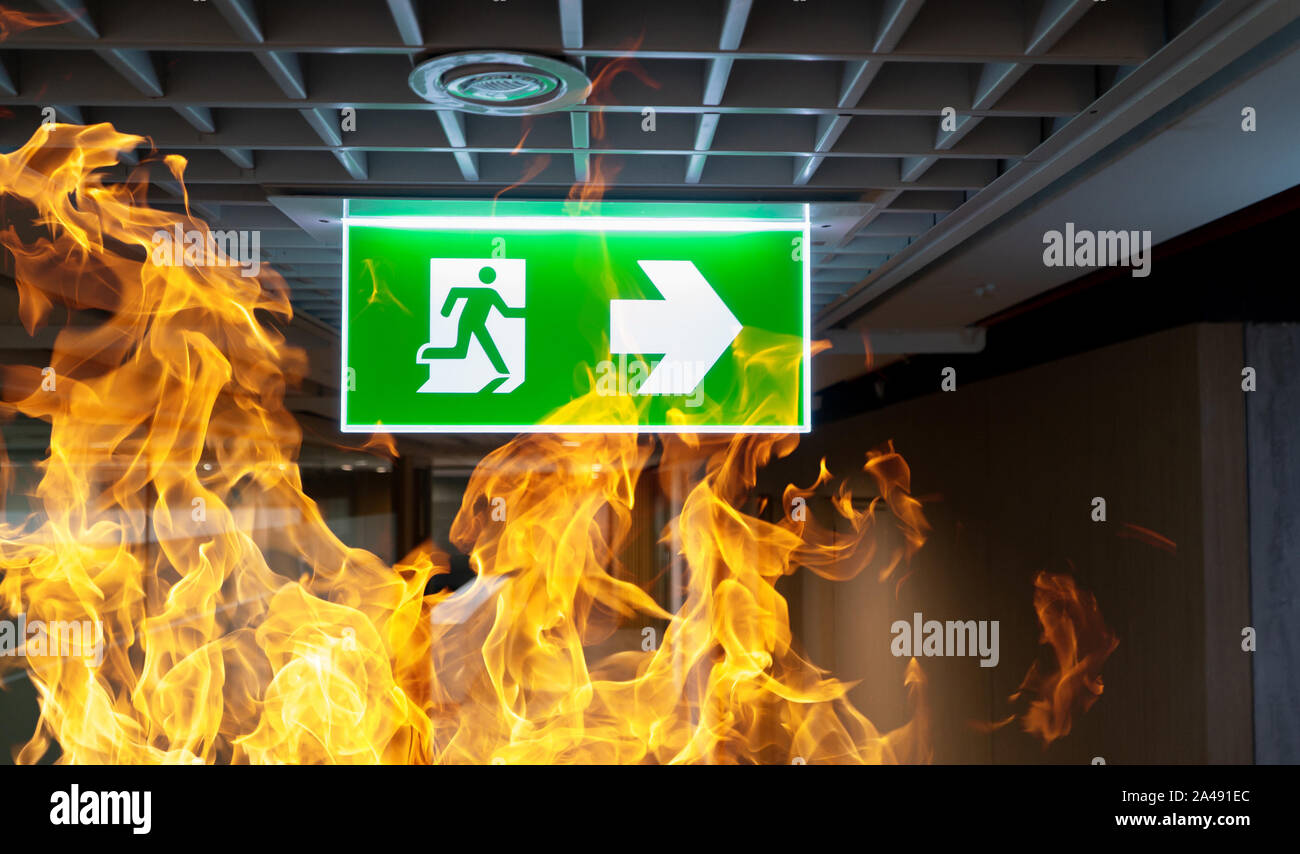 Green fire escape sign hang on the ceiling in the office Stock Photo ...