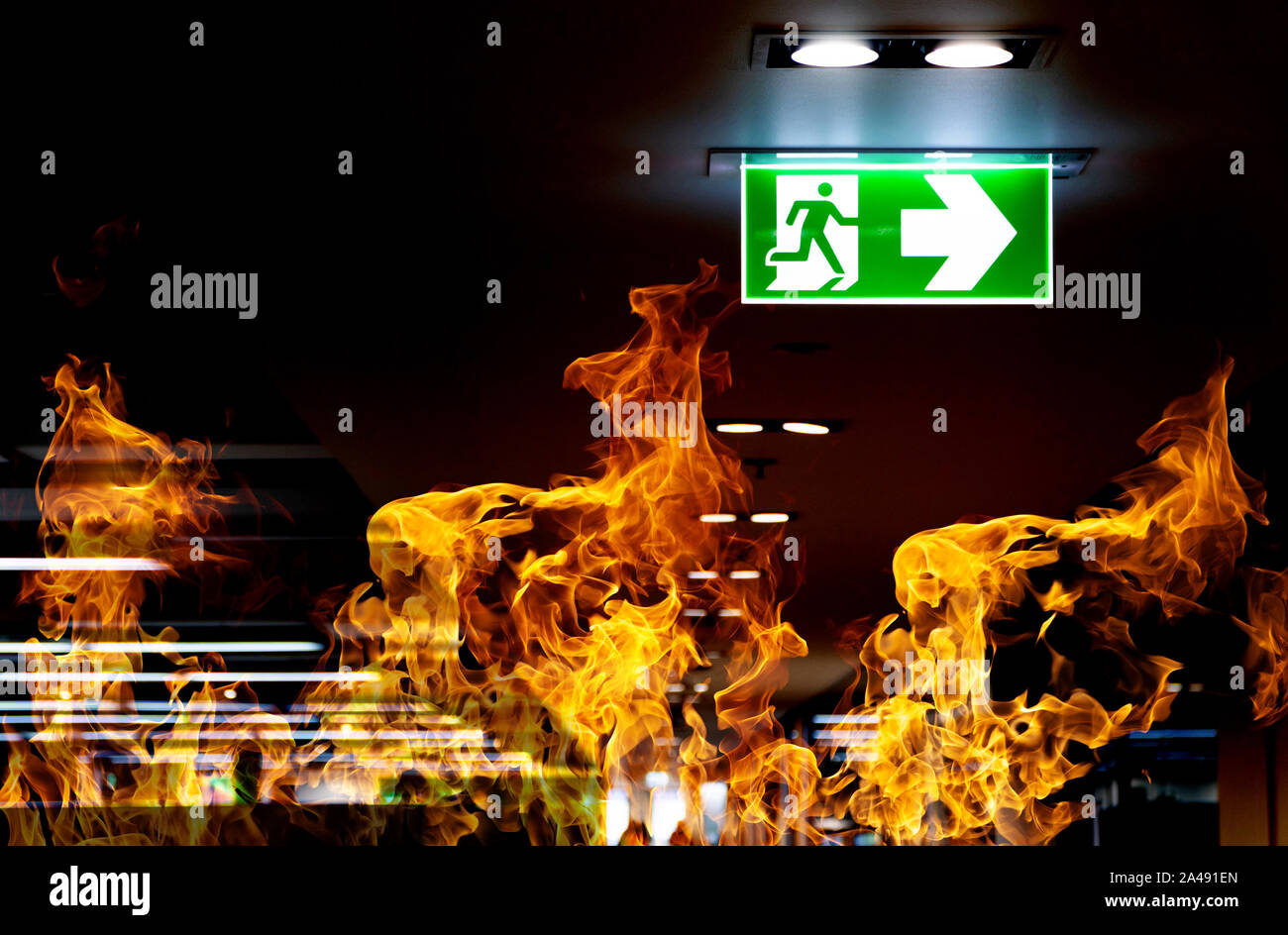 Green fire escape sign hang on the ceiling in the office Stock Photo ...