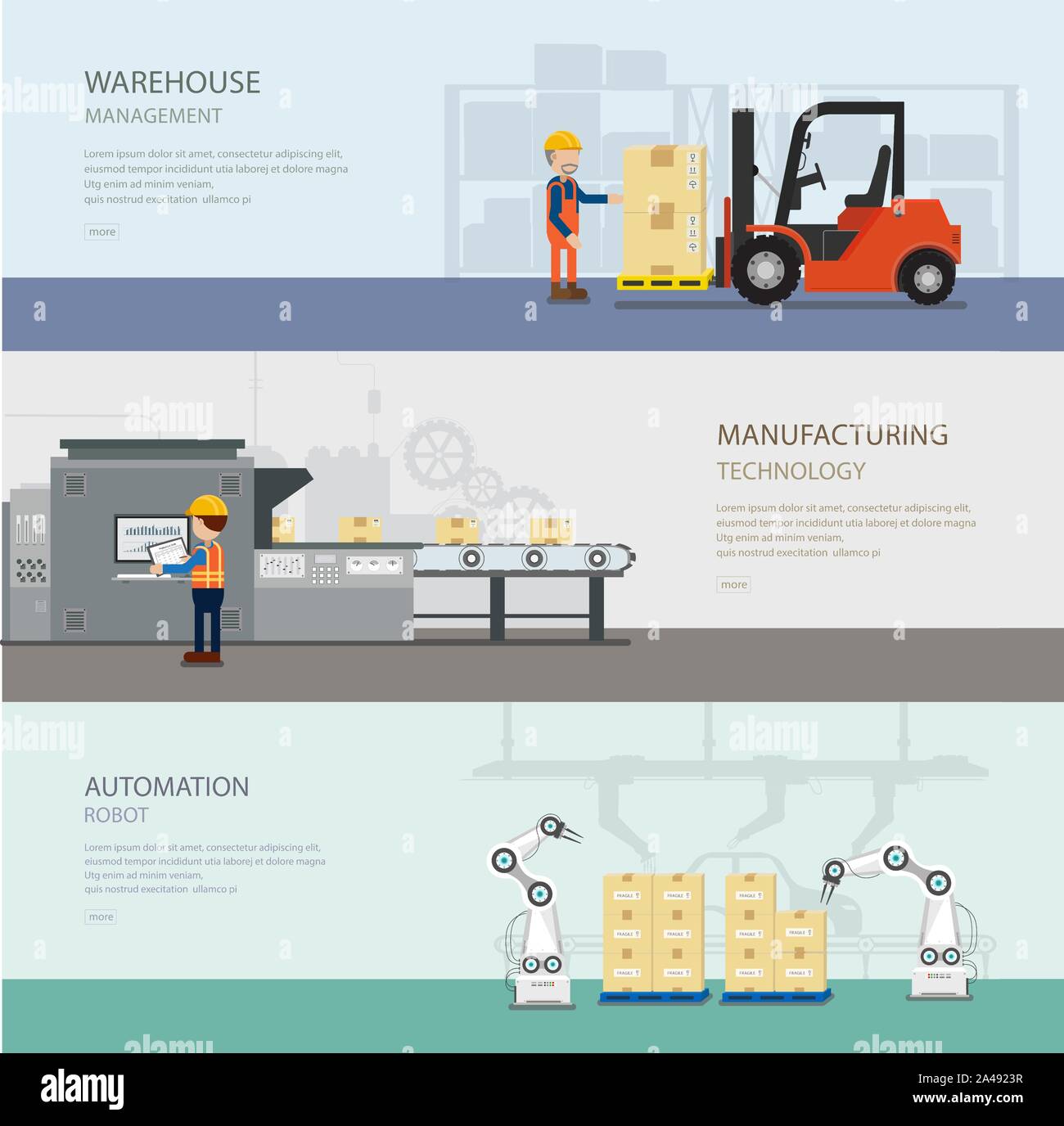 Set of warehouse banners with worker in process vector illustration ...