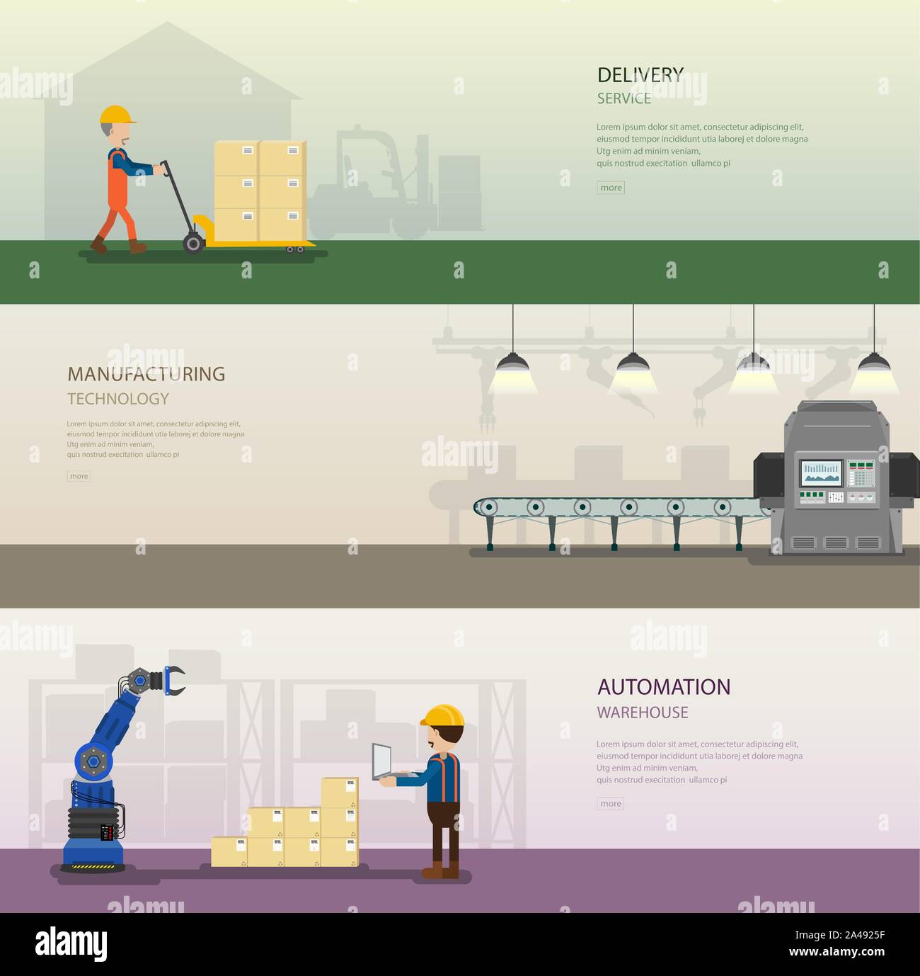 Set of warehoue banners with worker in process vector illustration ...