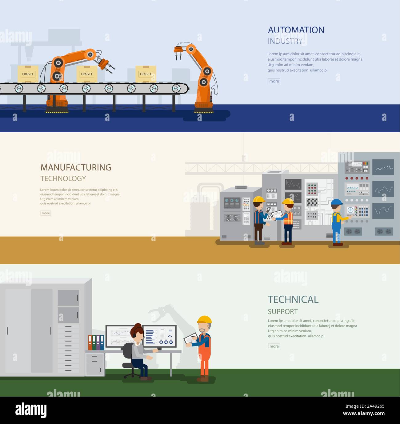 Set of factory banners with worker in process vector illustration Stock ...