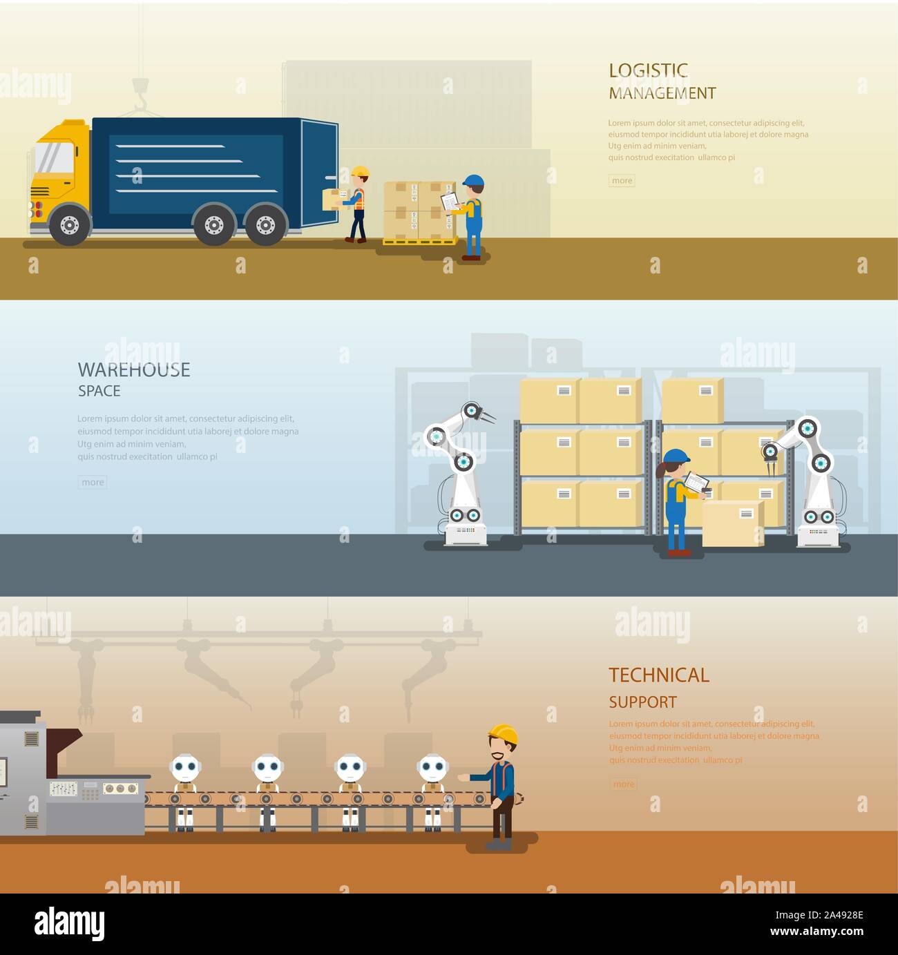 Set of warehoue banners with worker in process vector illustration ...