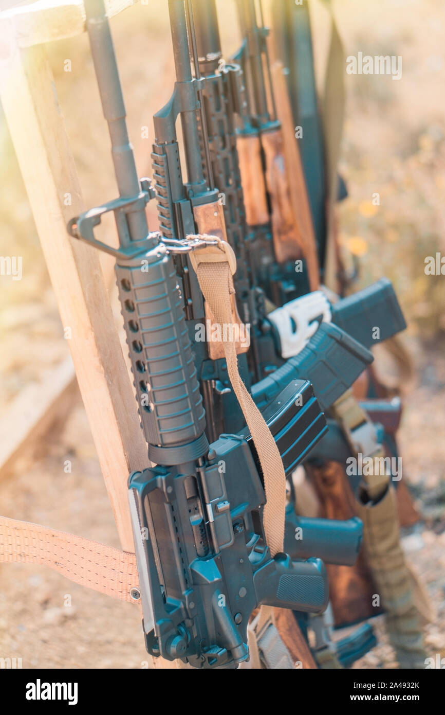 Carabiners and rifles at the shooting range. Concept for shooting ...