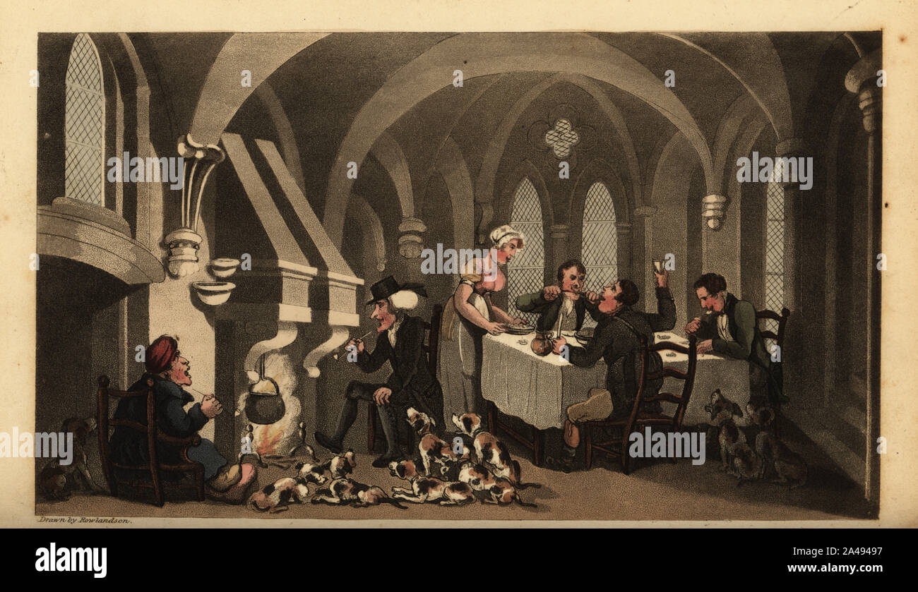 Regency gentleman smoking with an old squire in front of a hearth with ...