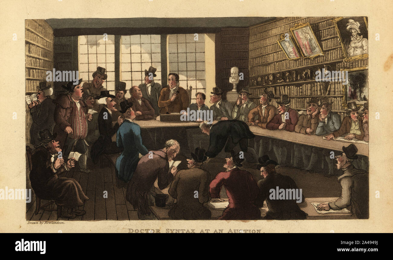 Regency gentlemen, authors and collectors at a book auction in London ...